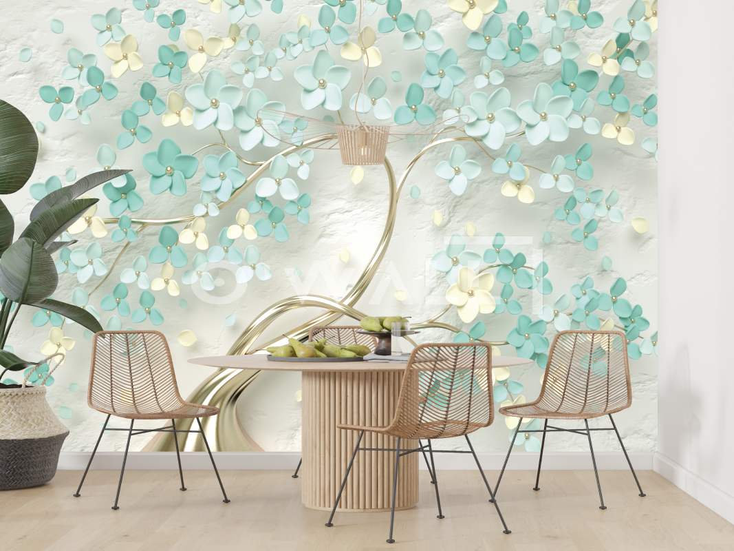 Papier Peint : Blue flowers on golden tree WF80 – Owall